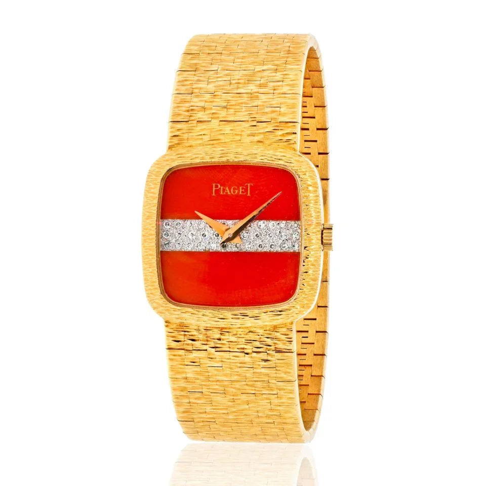 Piaget 18K Yellow Gold 1970's Coral Diamond Dial Vintage 9902A6 Watch – The Back Vault