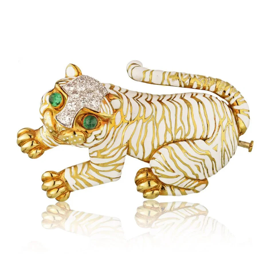 David Webb Tiger Platinum & 18K Yellow Gold In White Enamel Brooch ...