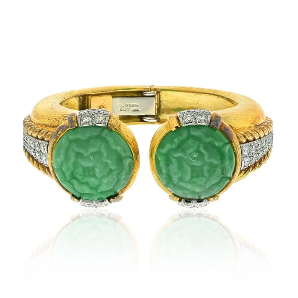 David Webb Platinum & 18KY Carved Jade Hammered Gold Diamond Cuff Brac ...
