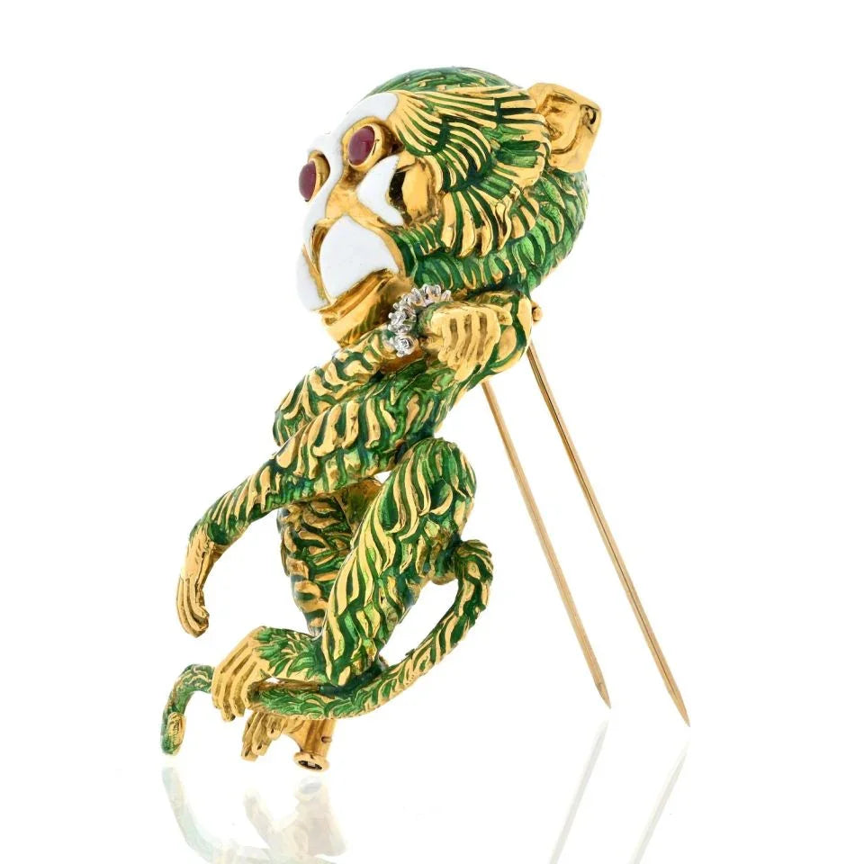 David Webb Platinum & 18K Yellow Gold Gypsy Monkey Green Enamel Brooch ...