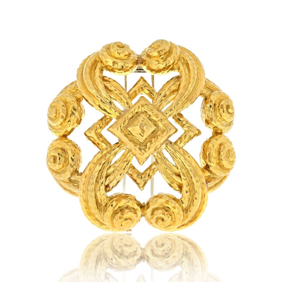 David Webb Platinum 18K Yellow Gold Scrolled Hammered Brooch The Back Vault